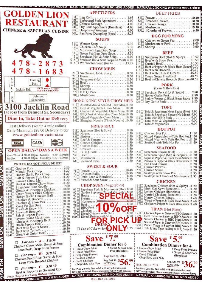 Menu at Golden Lion Restaurant, Langford