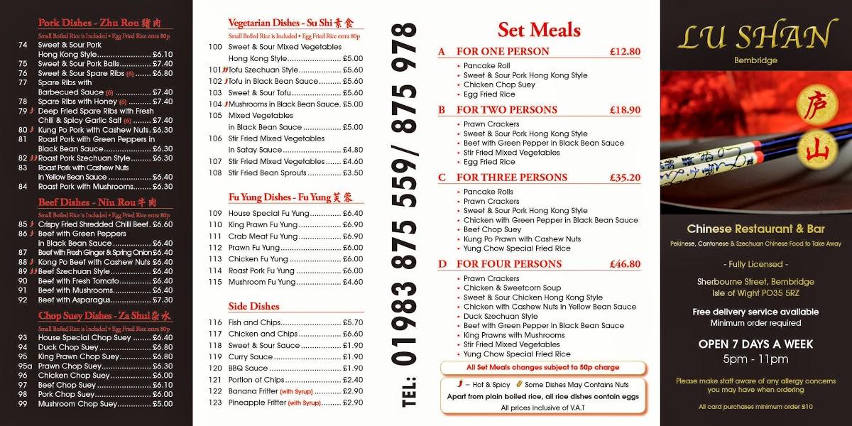 Menu at Lu Shan Chinese Restaurant, Bembridge