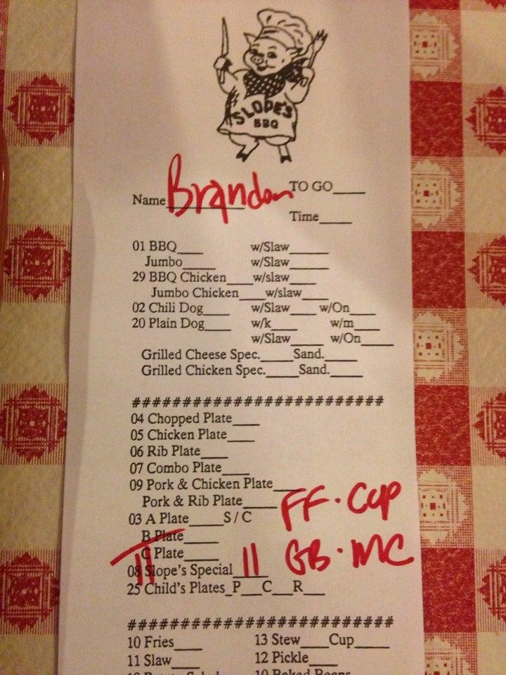 Menu at Slope's BBQ, Atlanta