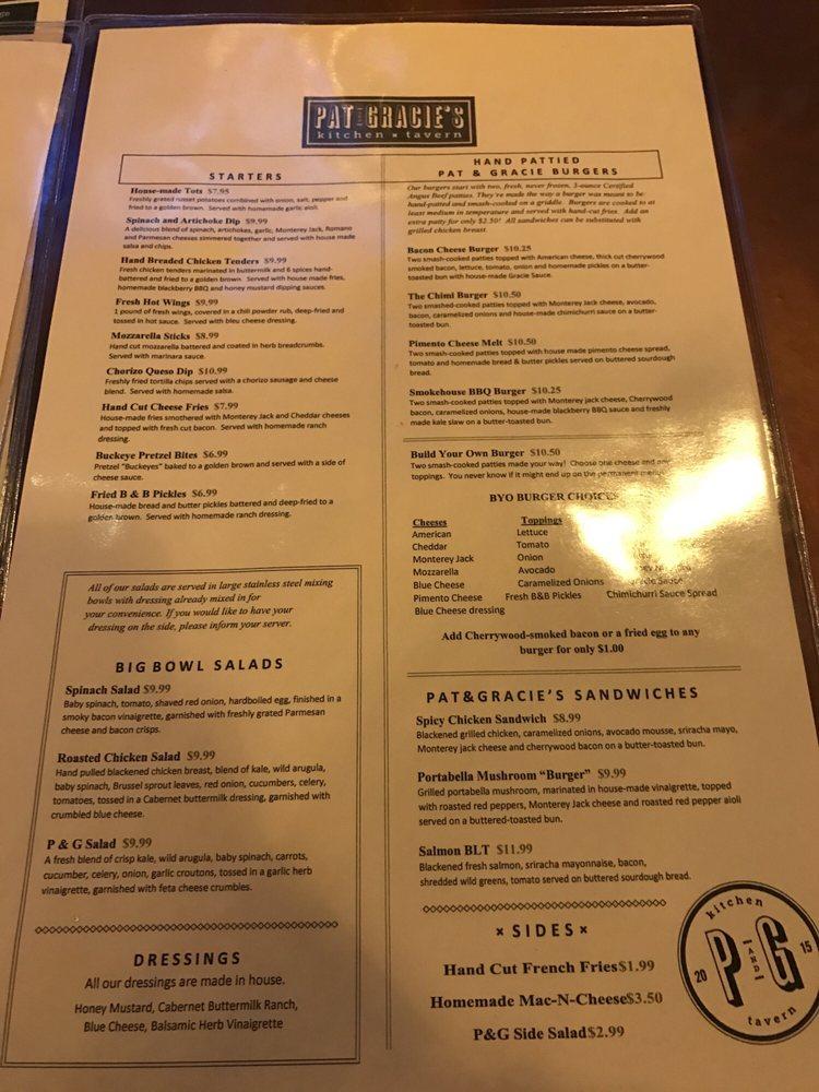 Menu at Pat and Gracie's restaurant, Columbus, 138 Graceland Blvd