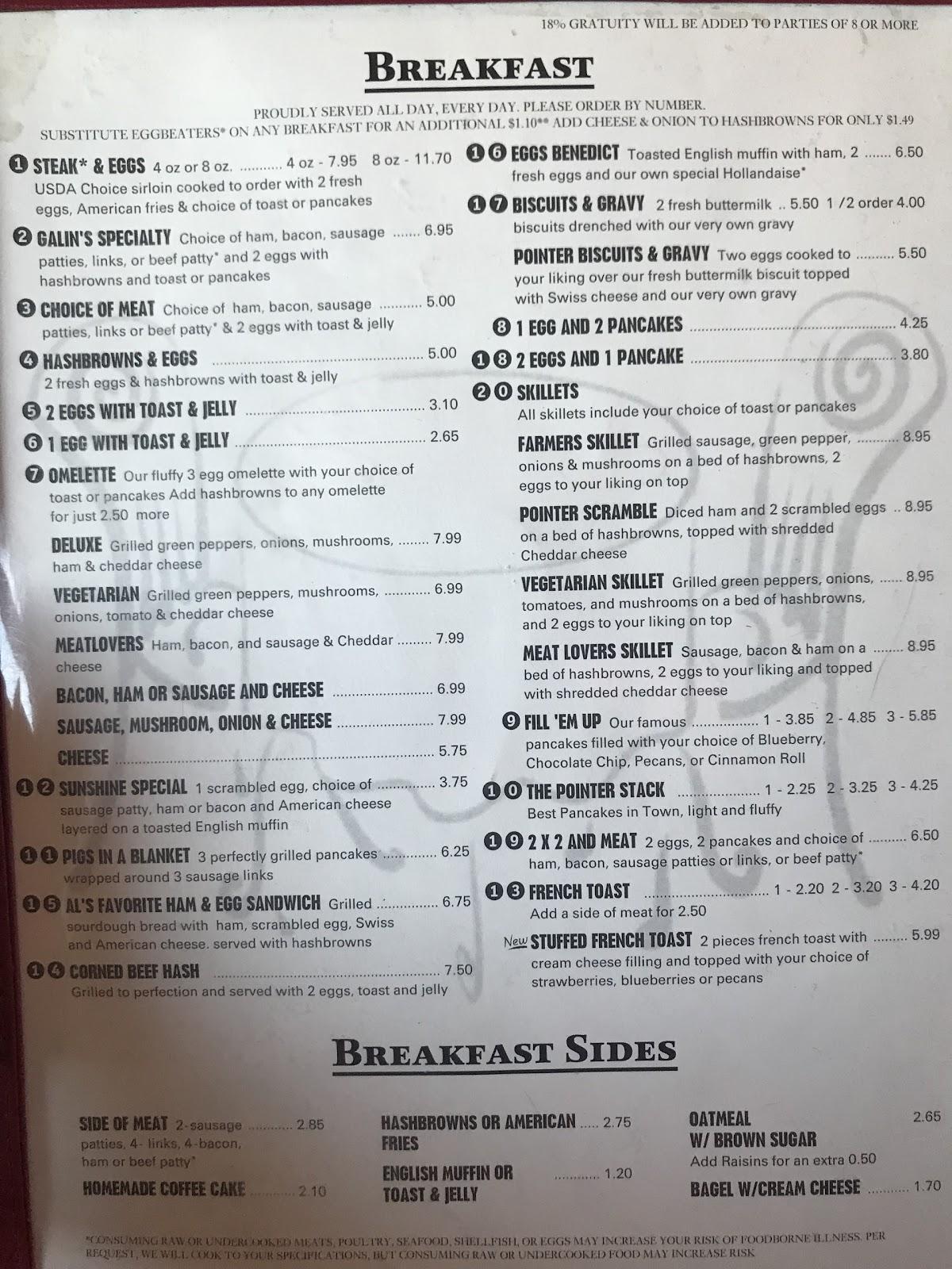 Menu at Pointer Cafe, Mineral Point