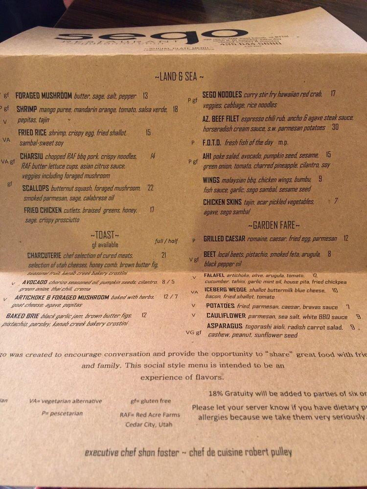 Menu at Sego Restaurant, Kanab