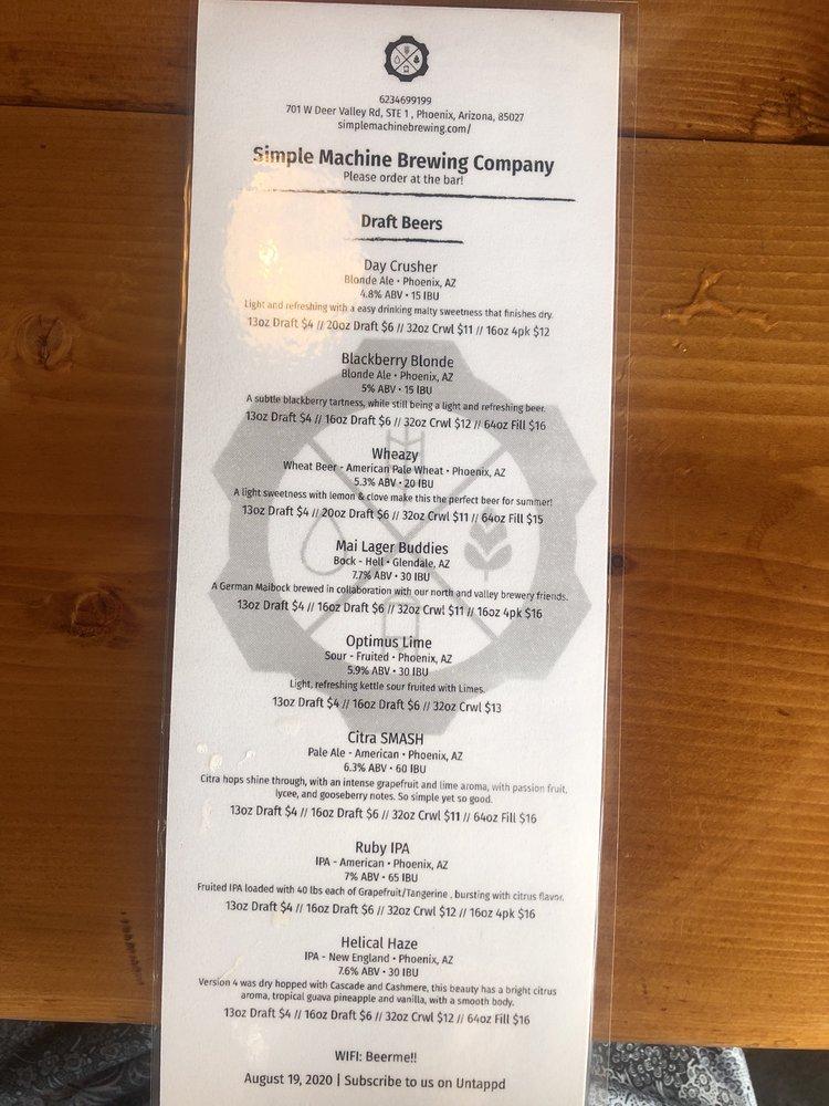 Menu at Simple Machine Brewing Company, Phoenix