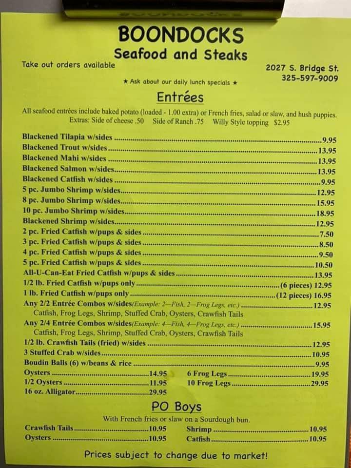 Menu at Boondocks Seafood restaurant, Brady