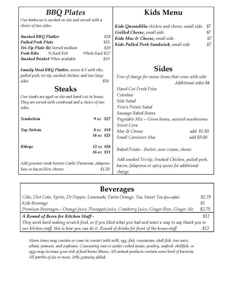 Menu at Carnivores Meats & Drinks steakhouse, Saint Robert
