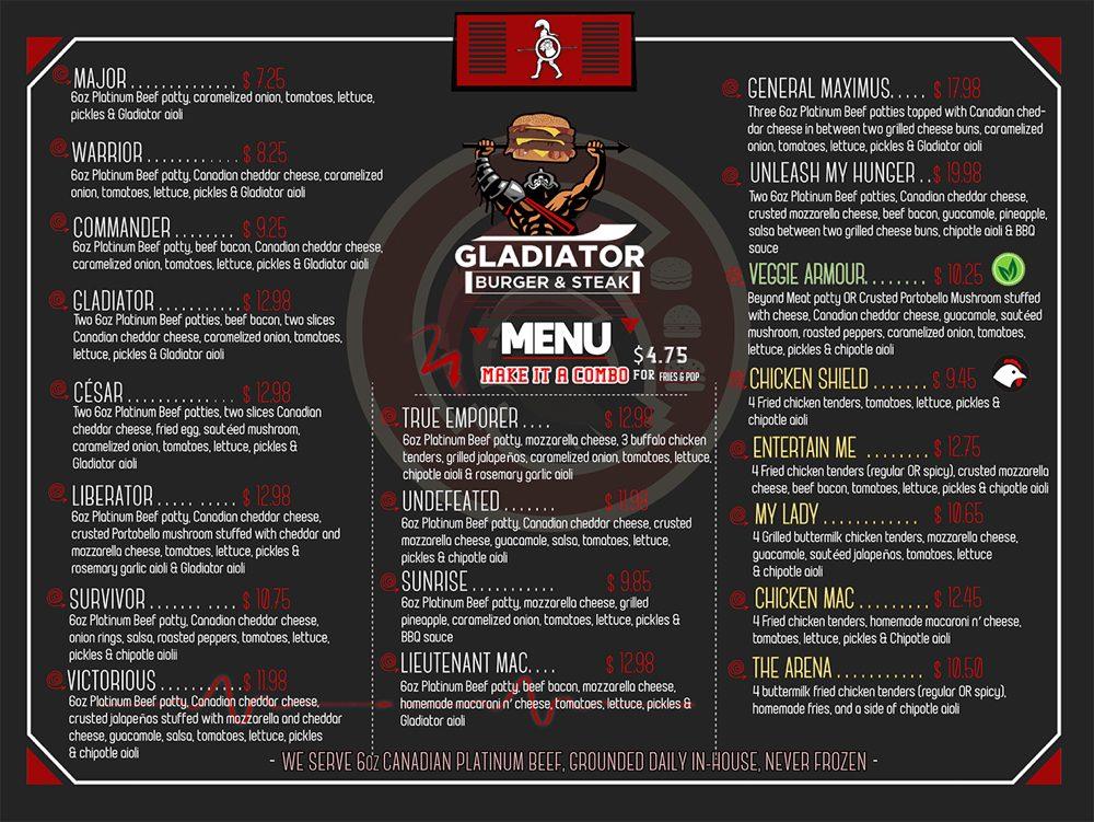 Menu at Gladiator Burger & Steak fast food, Brampton