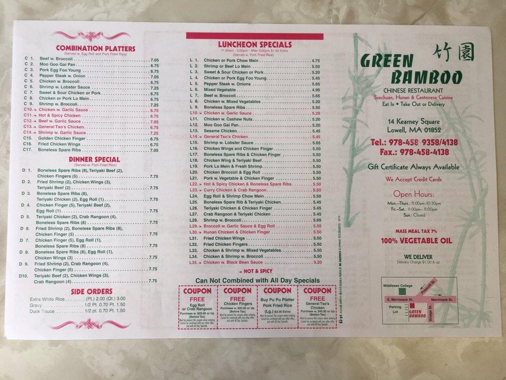 Menu at Green Bamboo restaurant, Lowell