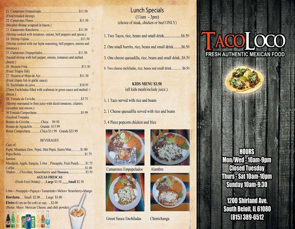 Menu at Taco Loco restaurant, South Beloit