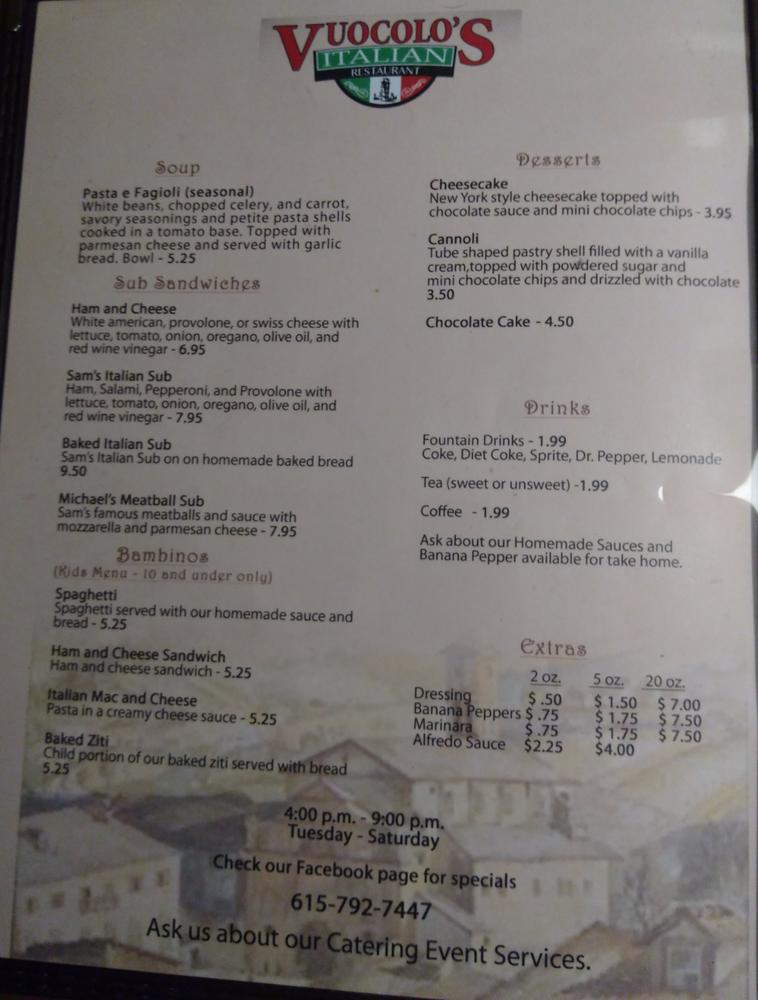 Menu at Vuocolo's Italian Pizzaria pub & bar, Ashland City