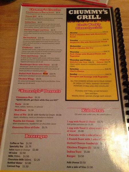 Menu at Chummy's Grill restaurant, Sault Ste. Marie