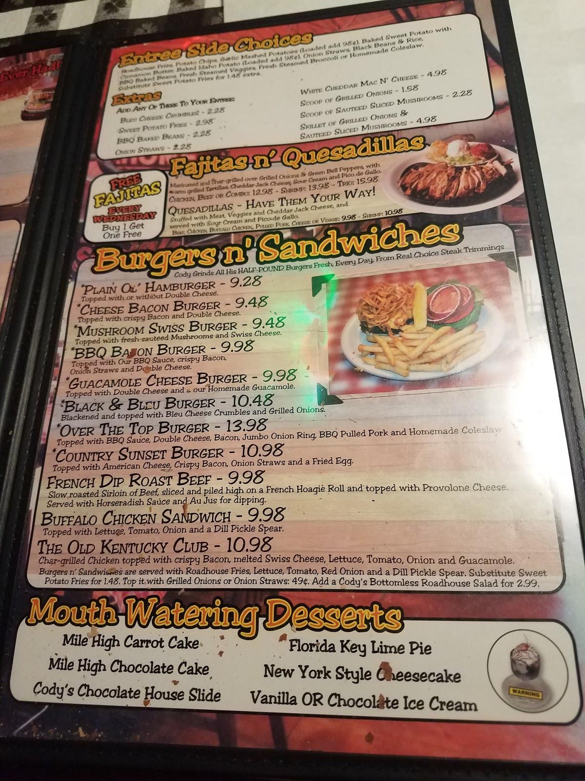 Menu at Cody's Original Roadhouse - Ocala, FL restaurant, Ocala, SW ...