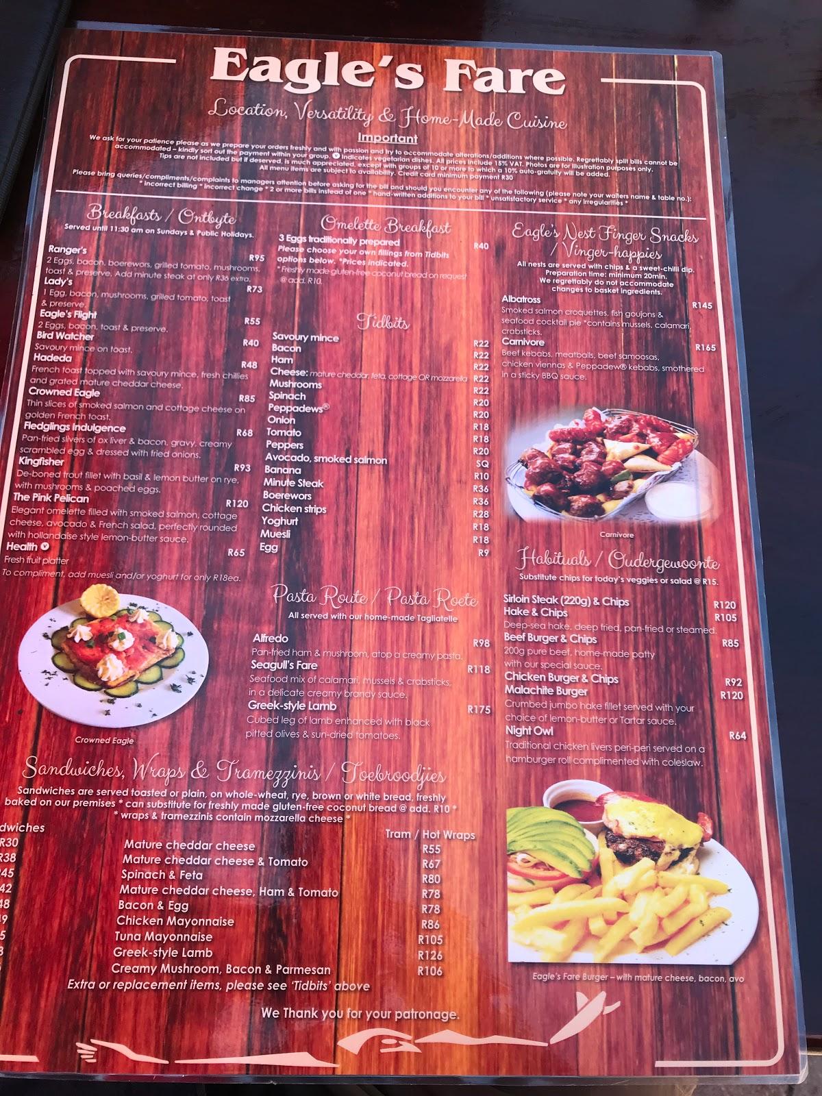 Carta de Eagles Fare Restaurant & Wedding Venue, Roodepoort, Walter ...