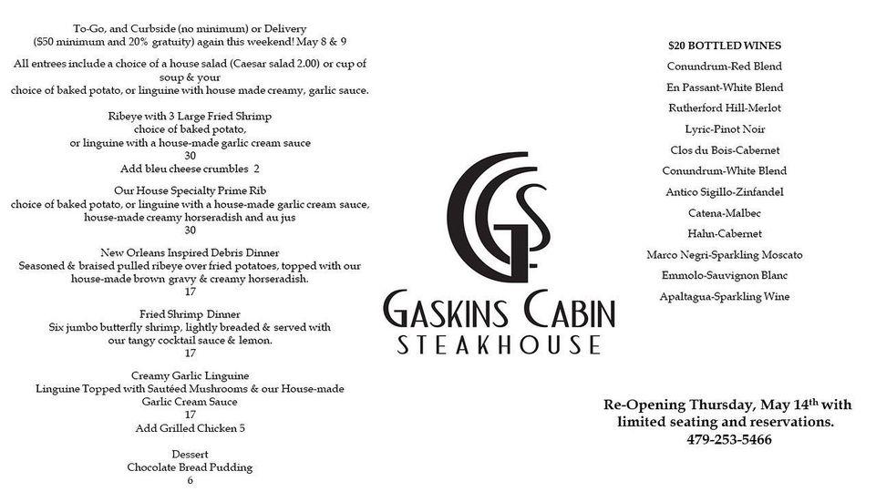 Menu at Gaskins Cabin Steakhouse, Eureka Springs