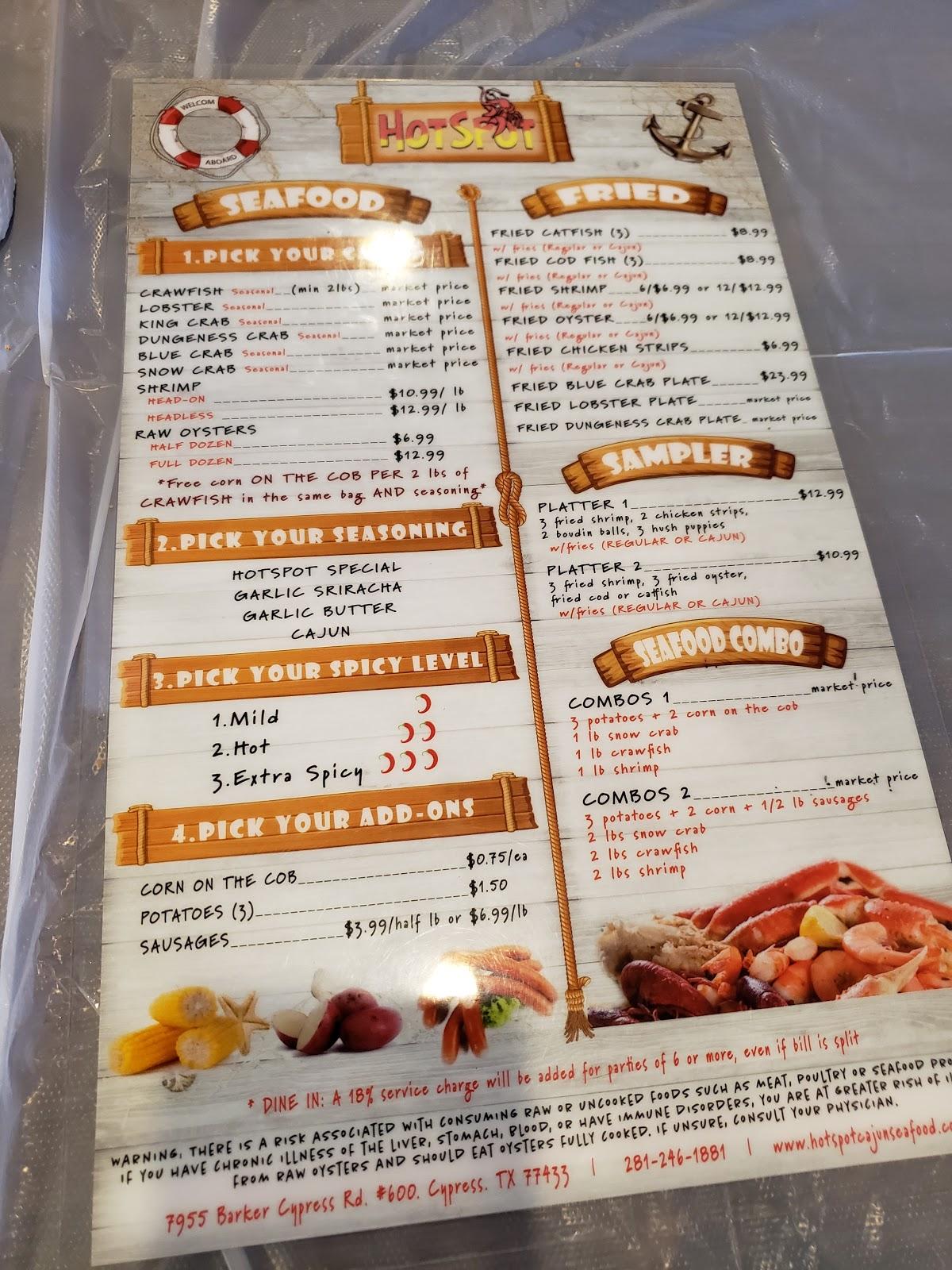 Menu at HotSpot Cajun Seafood House restaurant, Cypress