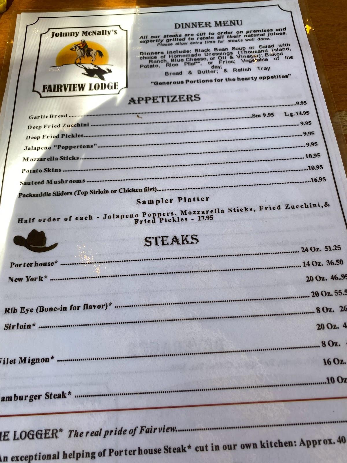 Menu at Johnny McNally's Fairview Lodge- Restaurant, USA, Kern River Hwy