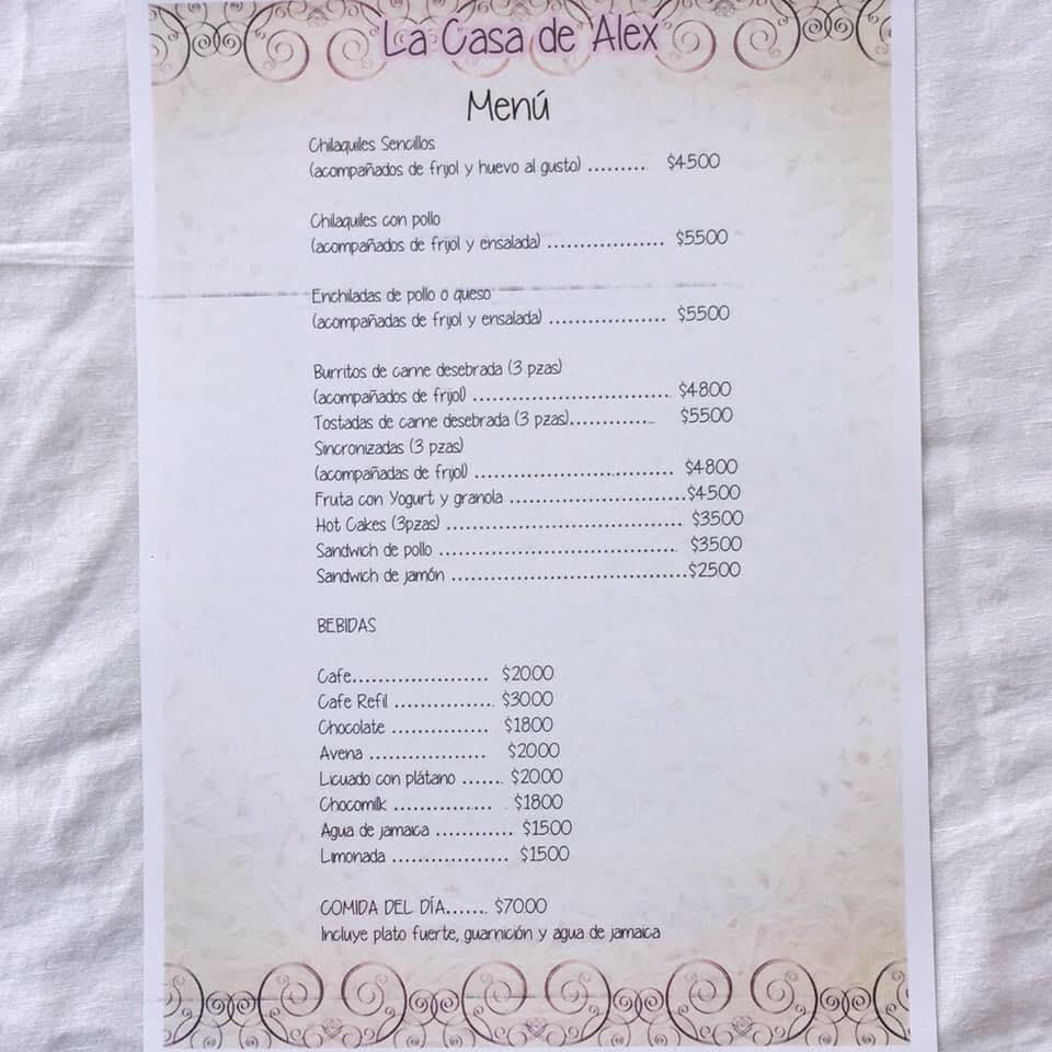 Menu at La casa de Alex restaurant, La Paz