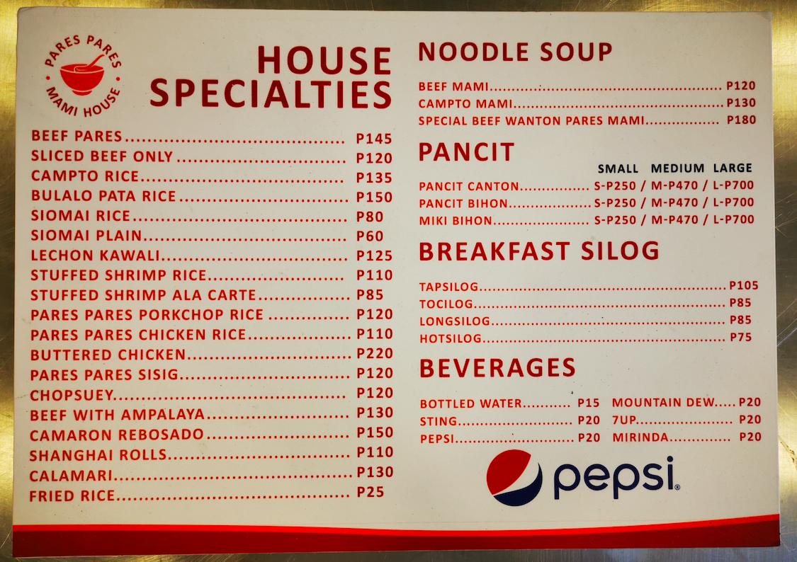 Menu at Mama Rose's House of Pares Pares restaurant, Manila