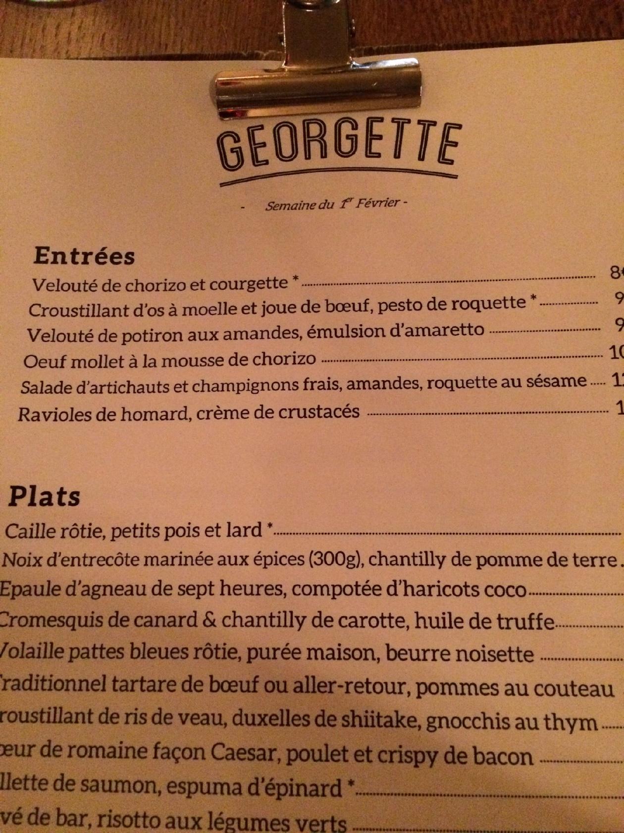Menu at Restaurant Georgette, Paris