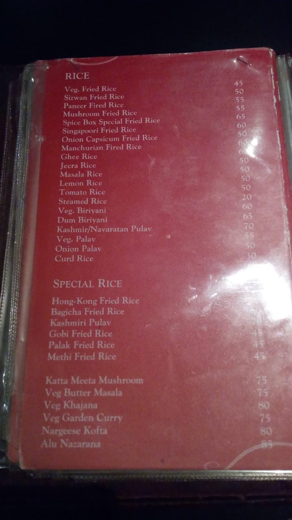 Menu at Spice Box, Toranagallu