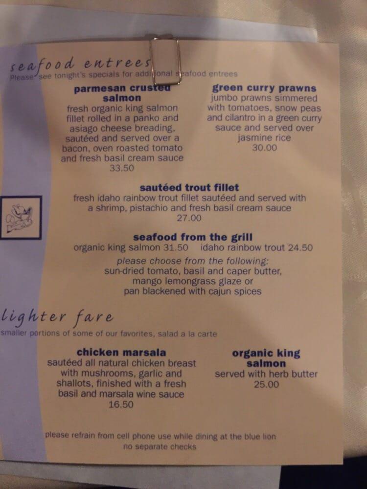 Carta del pub y bar The Blue Lion, Jackson