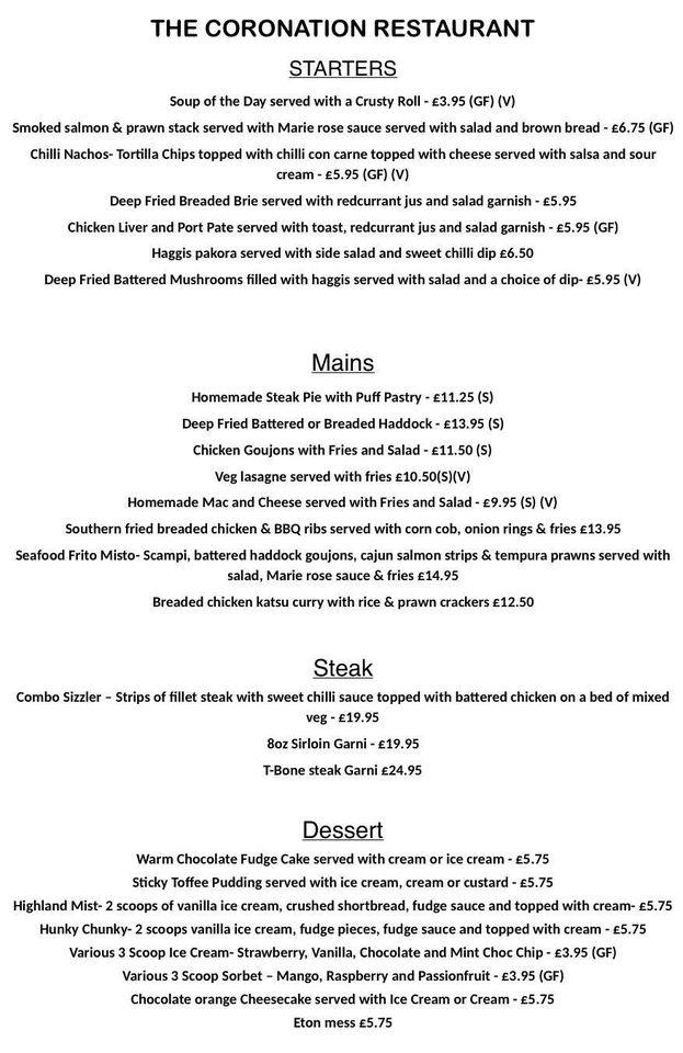 Menu at The Coronation Restaurant, Gorebridge