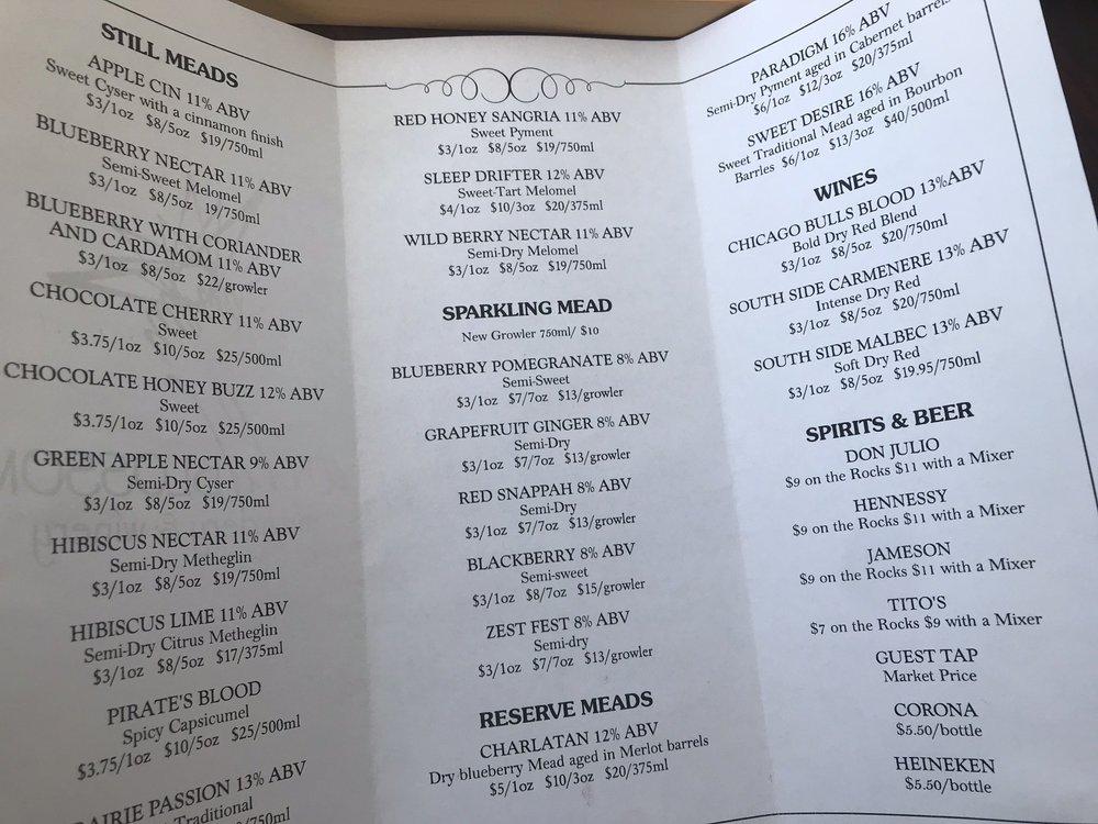 Menu at Wild Blossom Meadery and Winery restaurant, Chicago