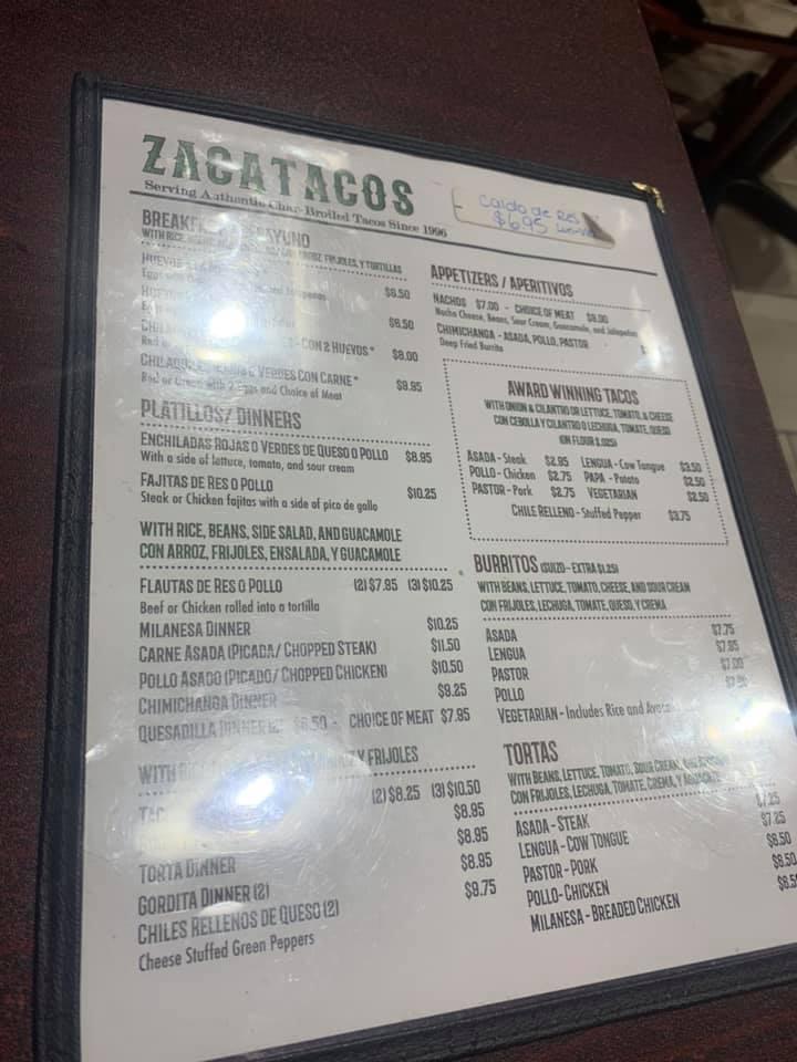 Menu at Zacatacos restaurant, Berwyn, Cermak Rd
