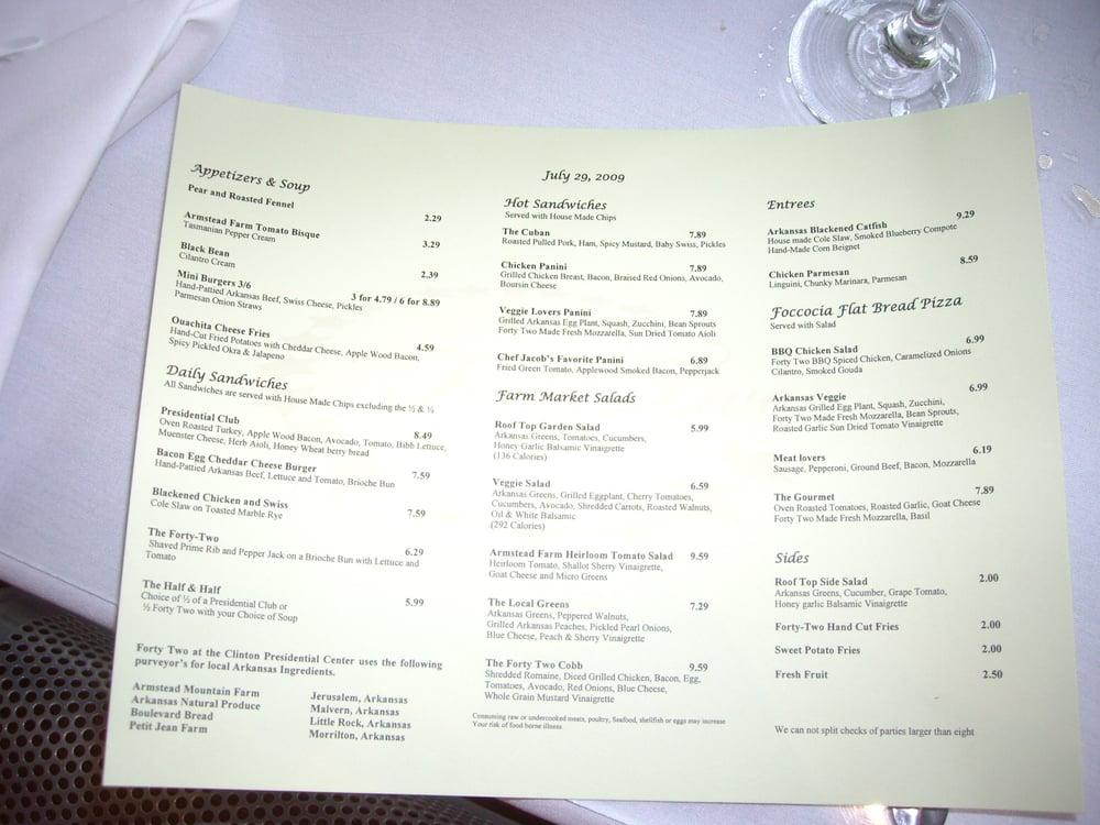 Menu at 42 bar and table, Little Rock