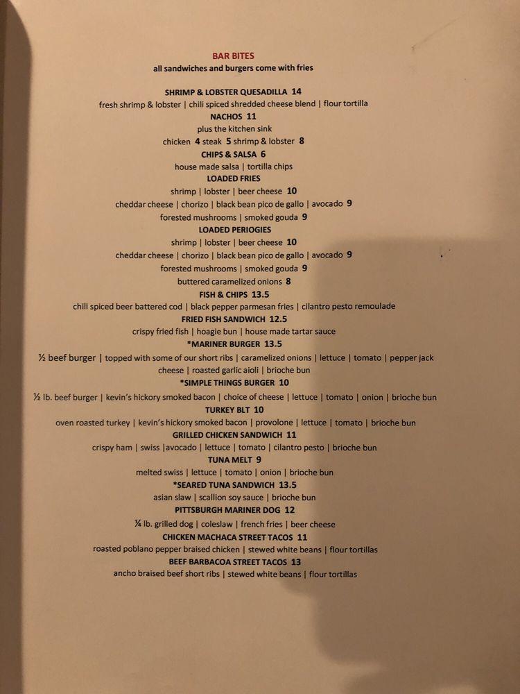 Menu at Allegheny Mariner restaurant, Kittanning