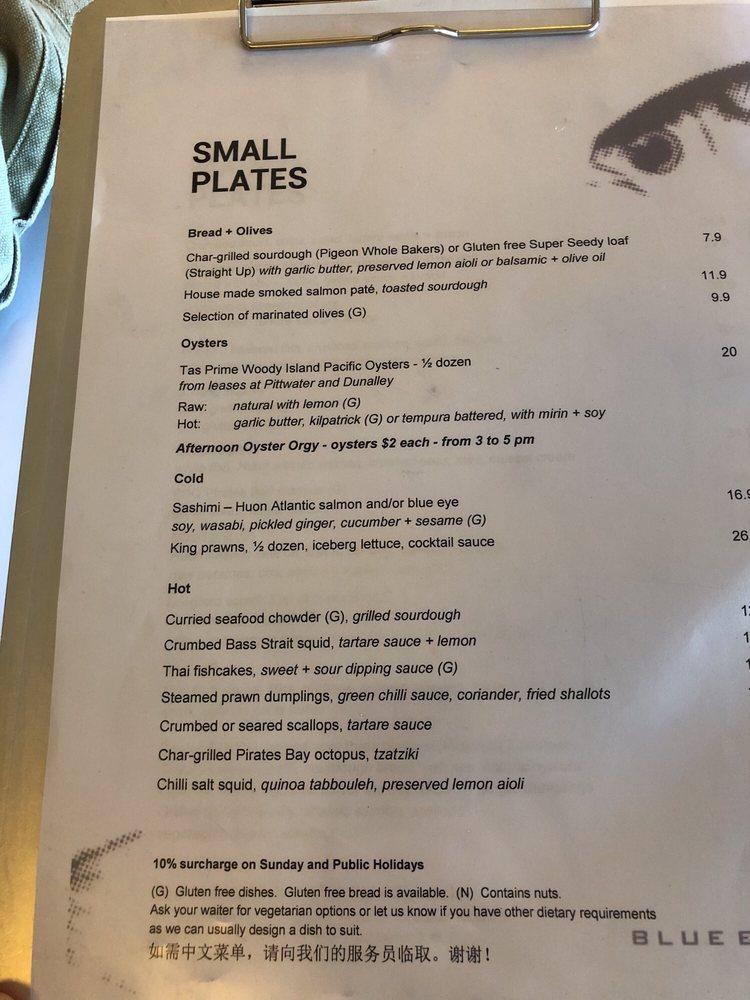 Menu at Blue Eye Seafood Restaurant, Hobart