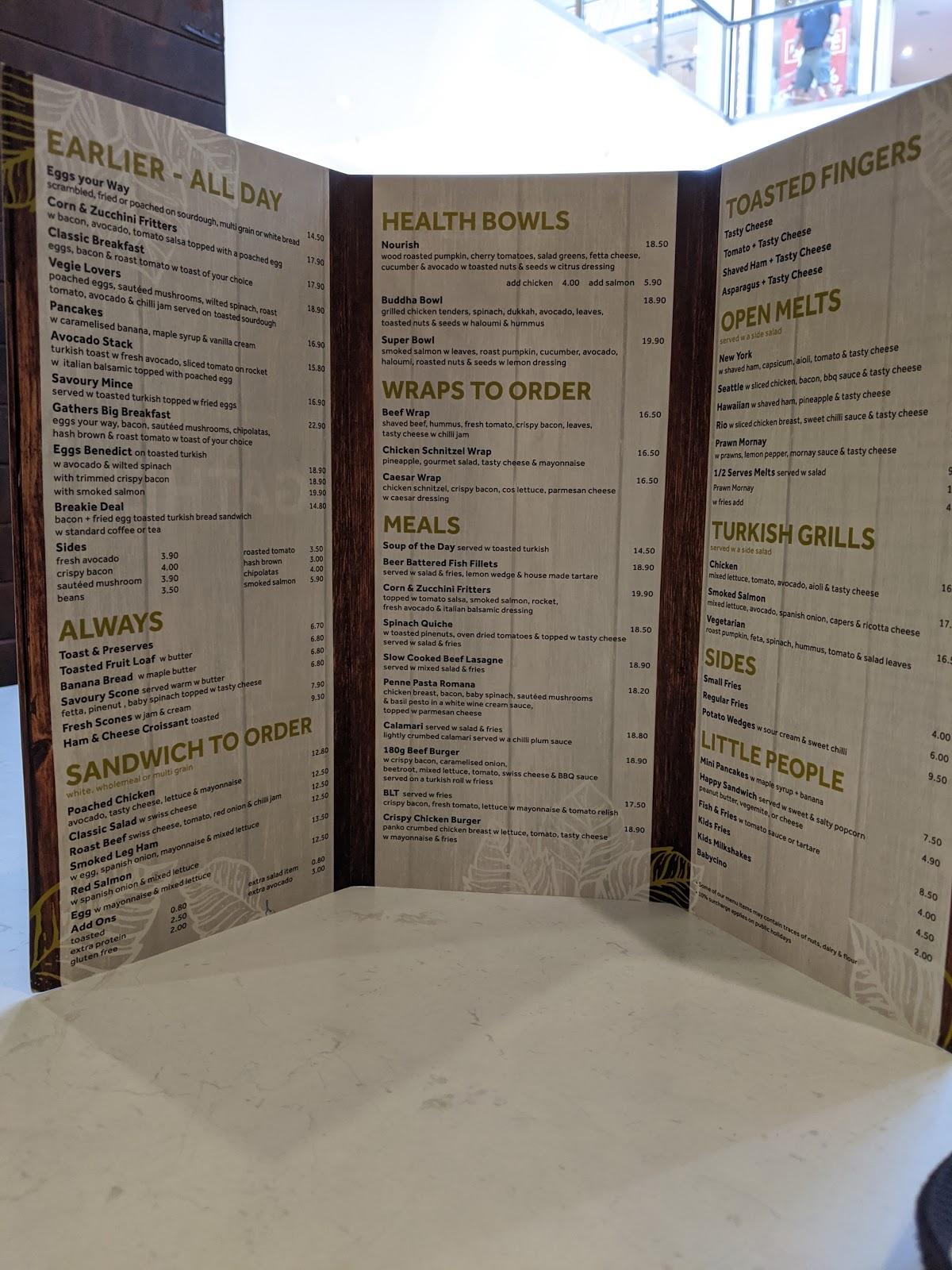 Menu at Gather Cafe, Kotara, Level 1