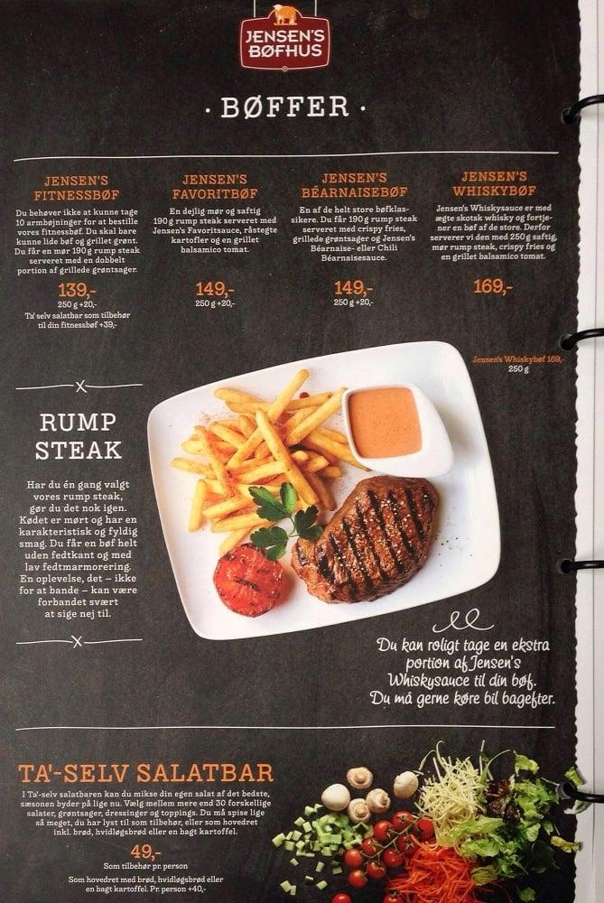 Menu at Jensens Bøfhus steakhouse, Hillerød