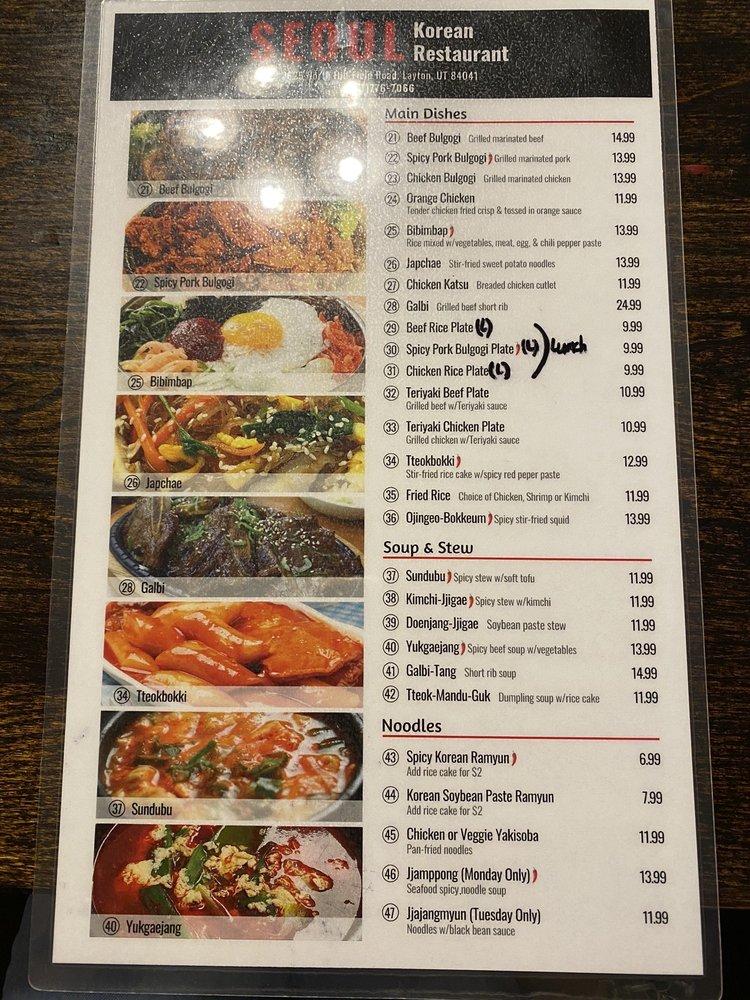 Menu at Seoul Korean Restaurant, Layton
