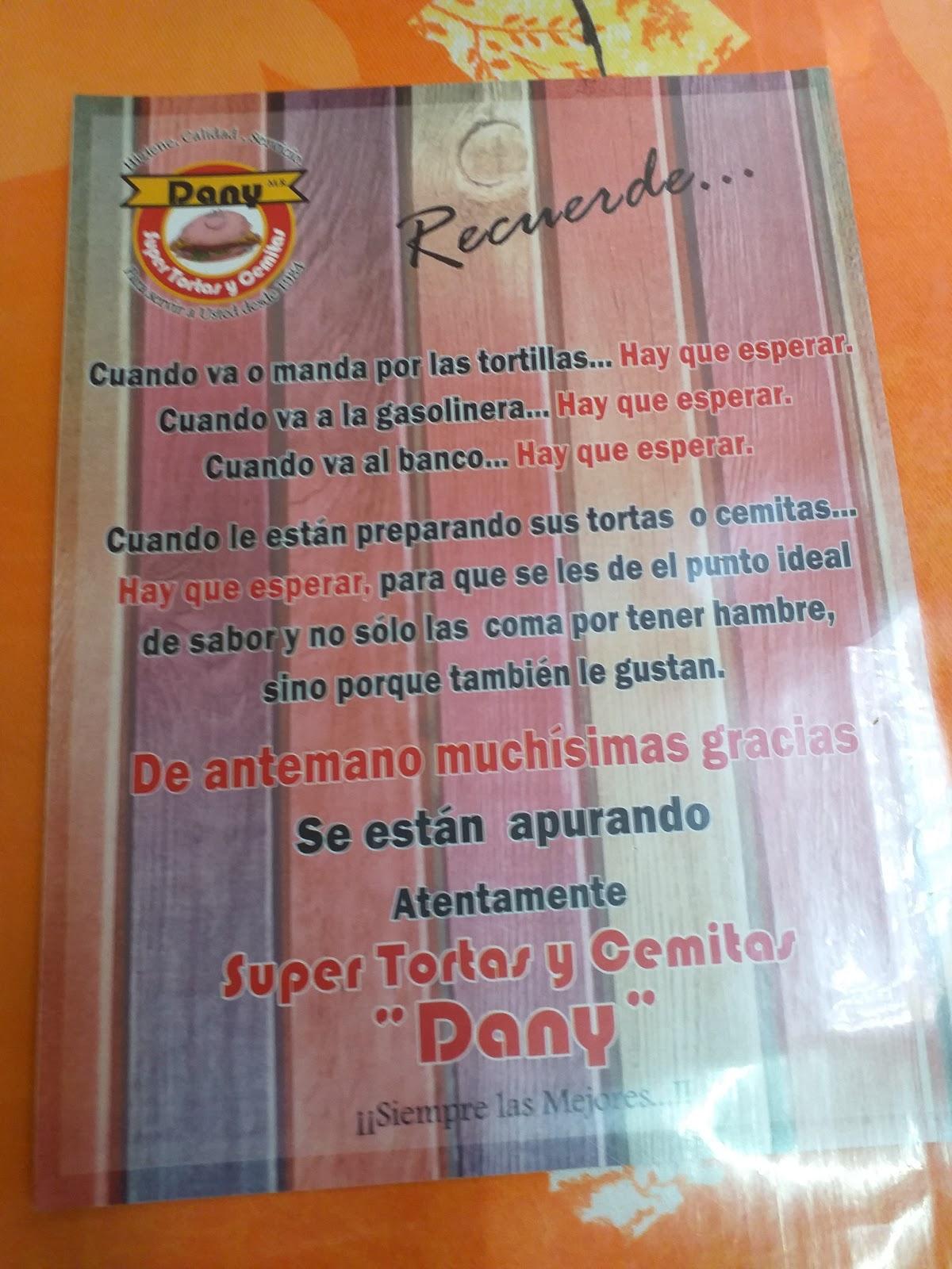 Carta del restaurante Super tortas Y Cemitas Dany, Tepeaca