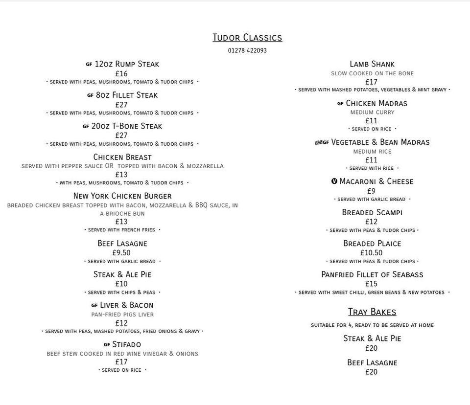 Menu at The Tudor Hotel & Restaurant, Bridgwater, 21-27 St Mary St