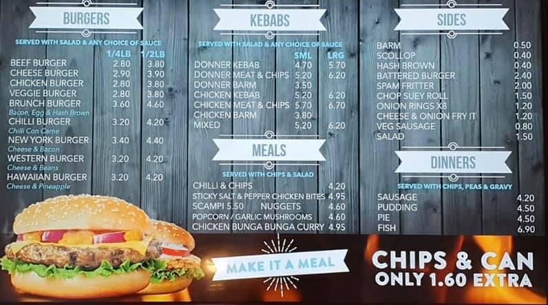 Menu at Trident Fish Bar, Runcorn