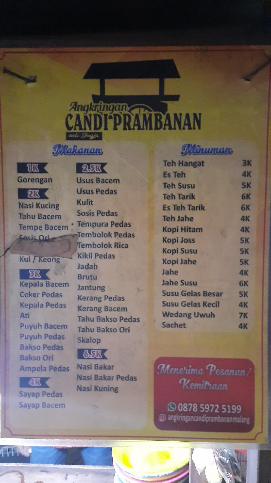 Menu at Angkringan Jogja Prambanan cafe, Malang, Jl. Mertojoyo Selatan ...