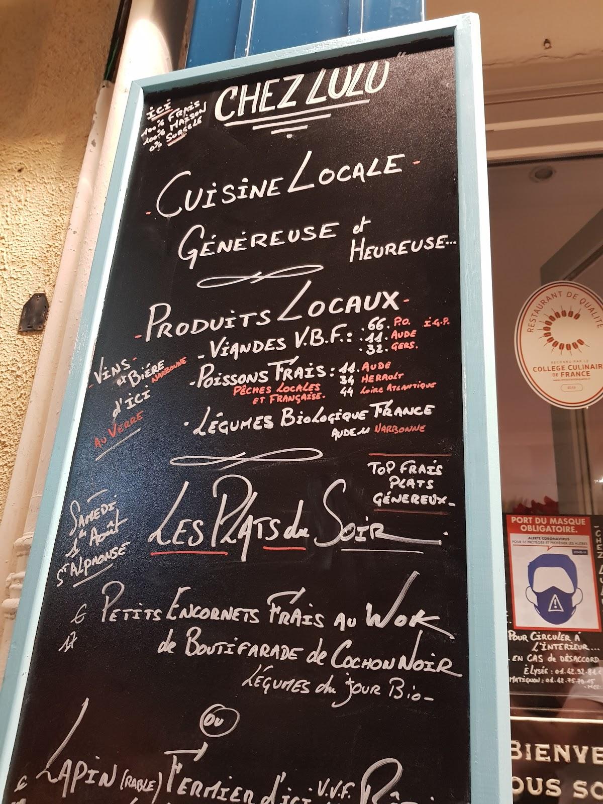 Menu au Chez Lulu restaurant, Narbonne