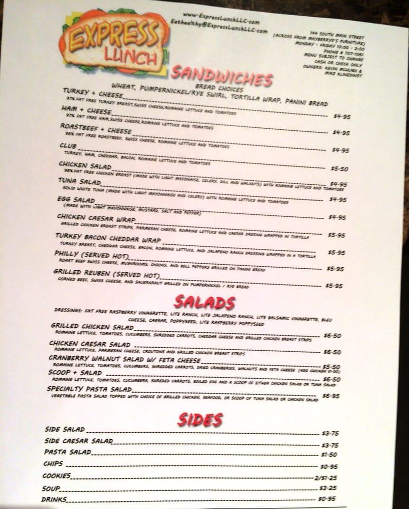 Menu at Express Lunch restaurant, Crossville