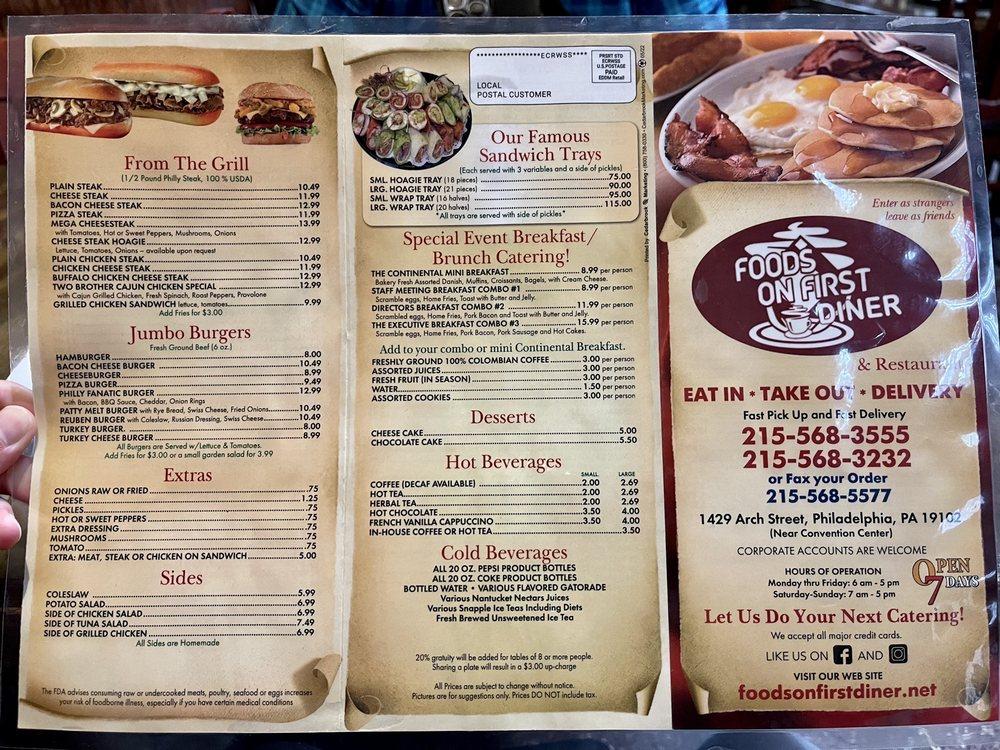 Menu at Foods On First Diner restaurant, Philadelphia, Arch St