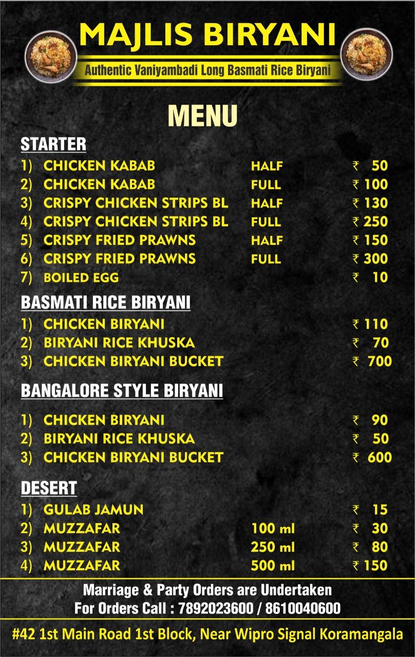 Menu at Majlis Biryani, Bengaluru