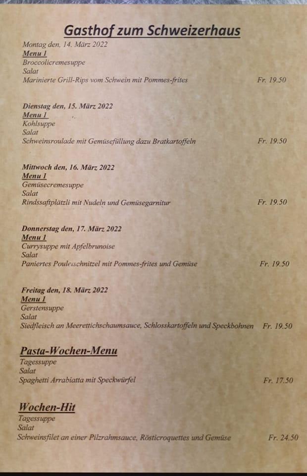 Speisekarte von Schweizerhaus, Gommiswald