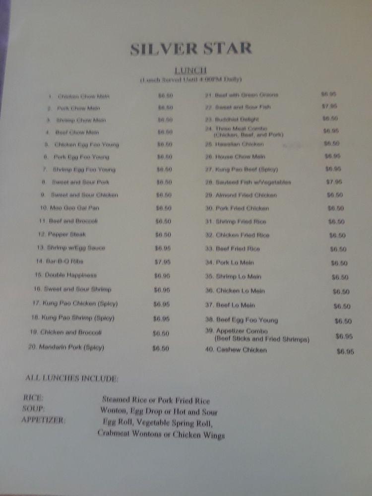 Menu at Silver Star Chinese Restaurant, Jacksonville