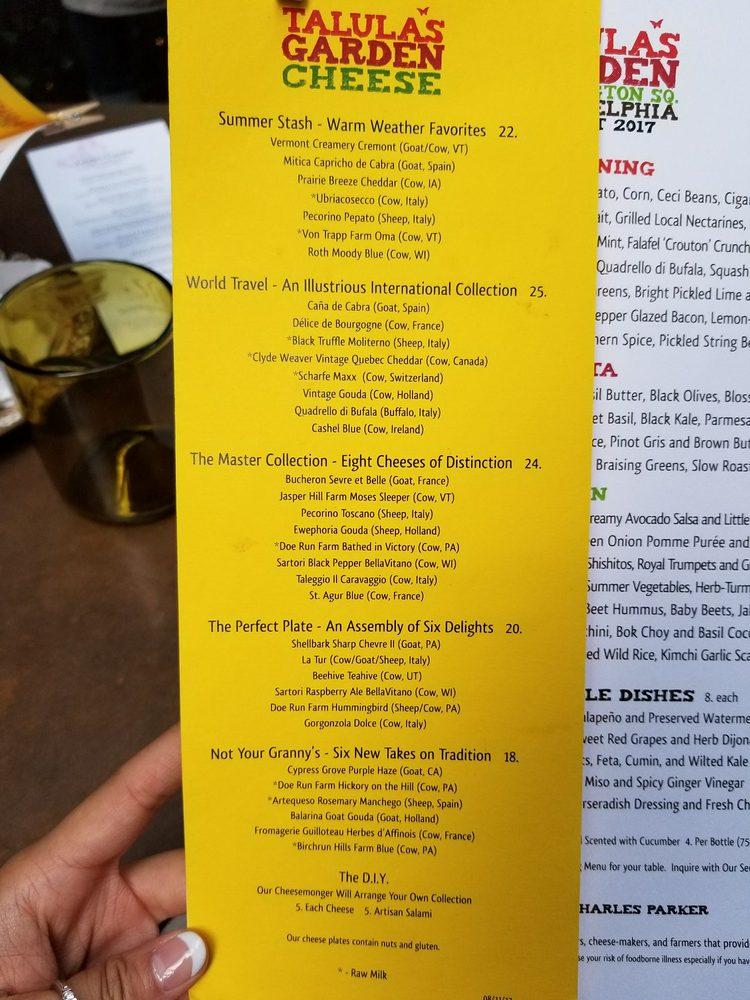 Menu at Talula's Garden restaurant, Philadelphia