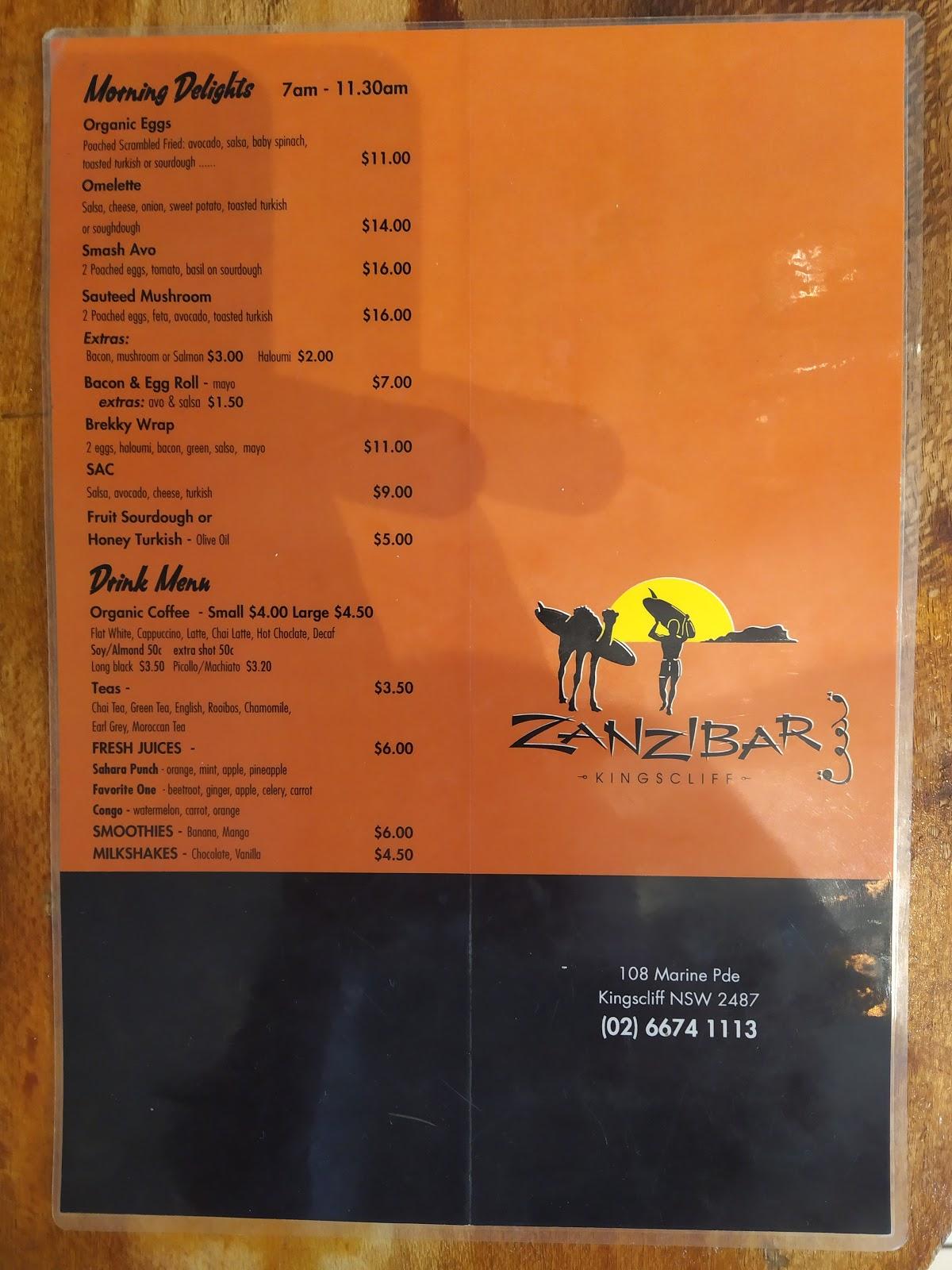 Menu at Zanzibar-Kingscliff, Kingscliff