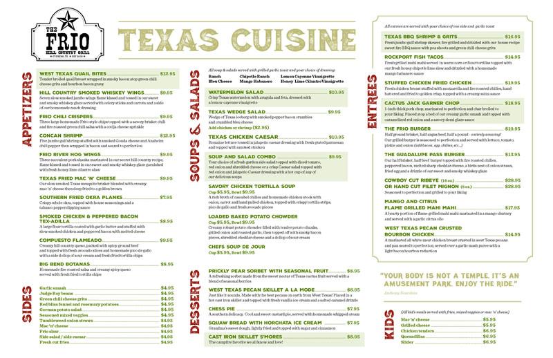 Menu at The Frio - Hill Country Grill & The Barn, Cypress
