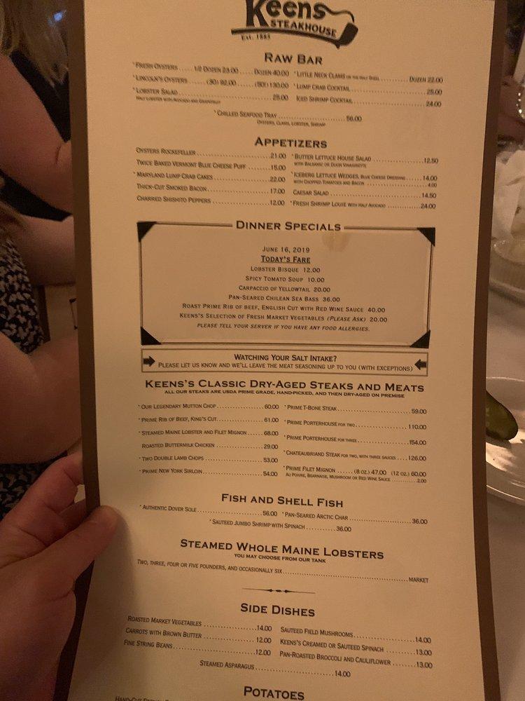 Menu at Keens Steakhouse, West New York, 72 W 36th St.