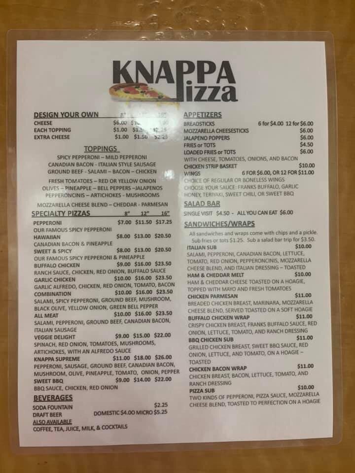 Carta de Knappa pizza and bar, Knappa