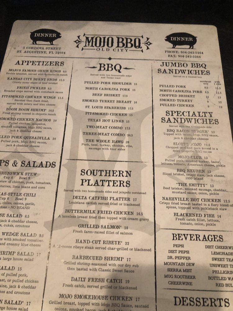 Menu at Mojo Old City BBQ, St. Augustine
