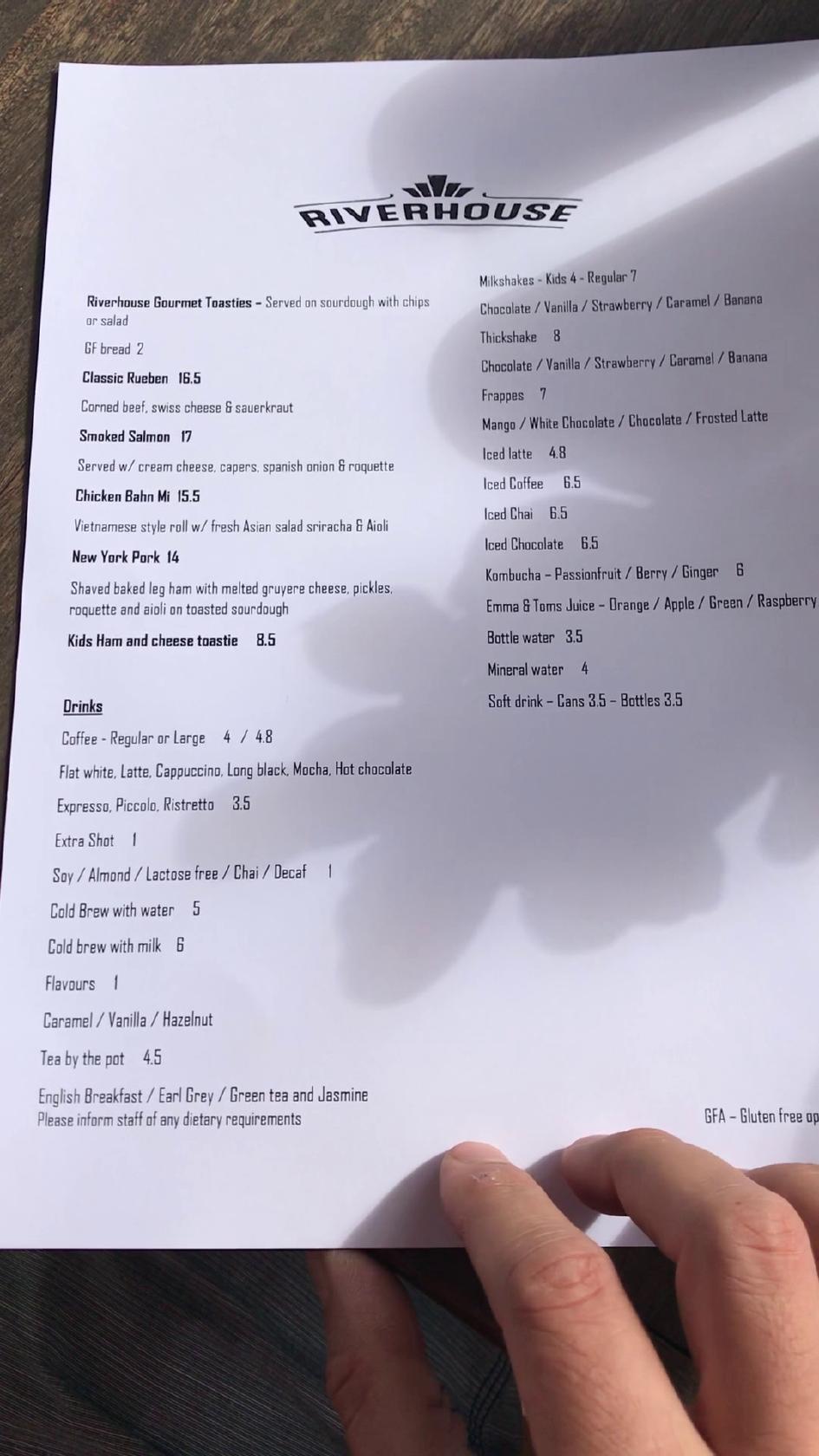 Menu at Riverhouse Cafe, Raymond Terrace